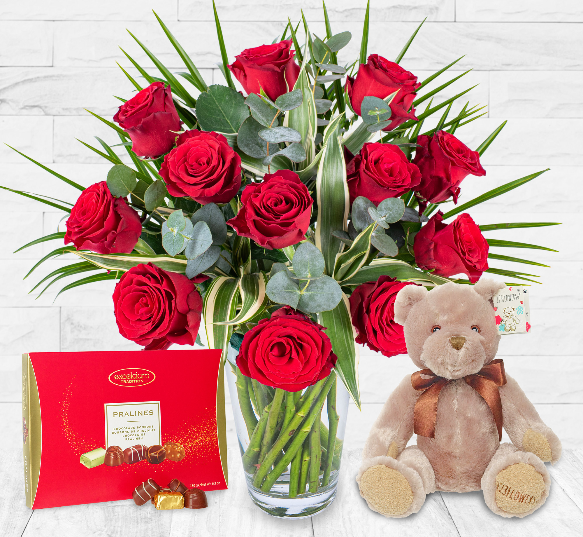 12 Red Roses Cuddle Bundle | 123 Flowers