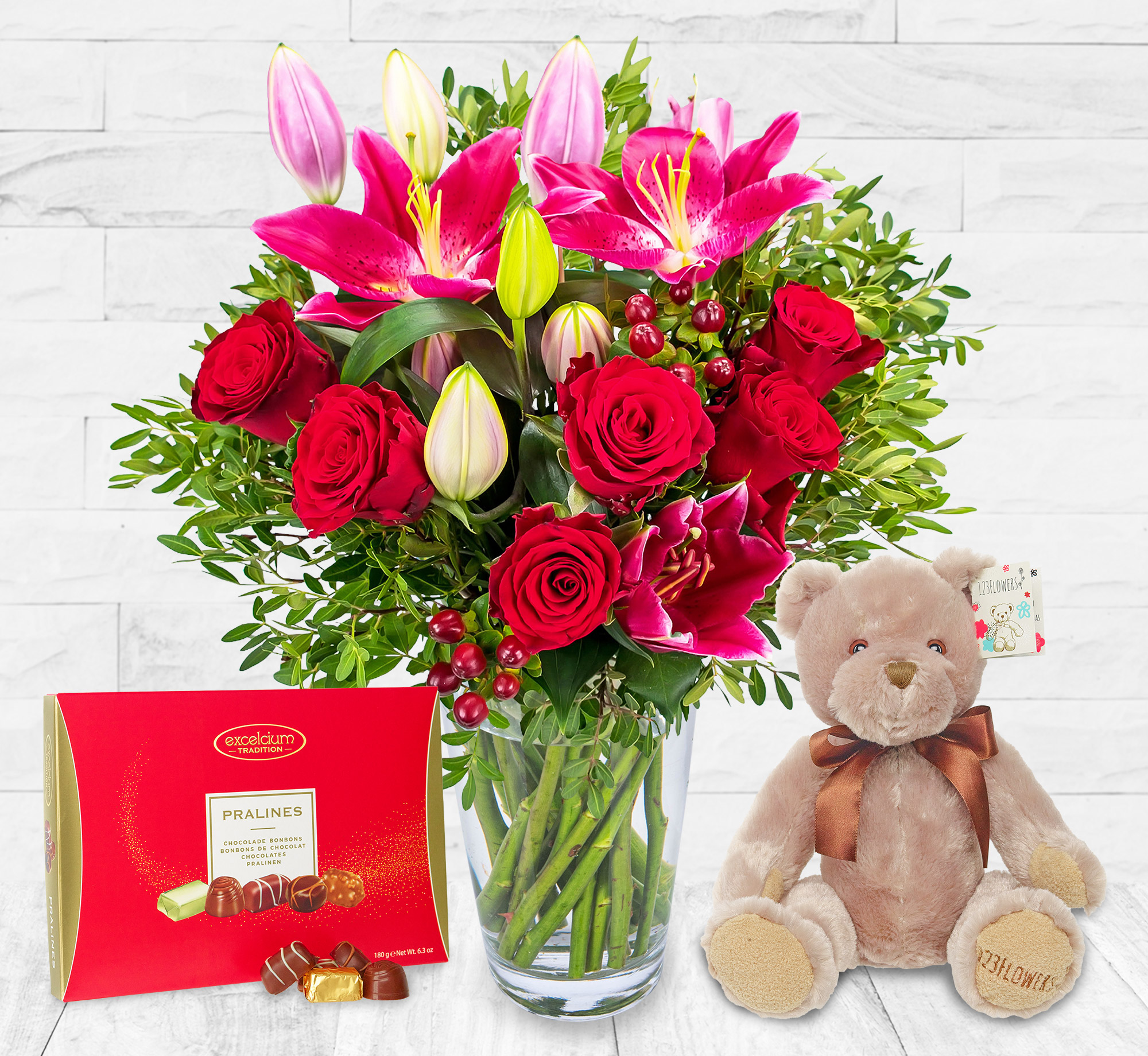 Red Rose & Lily Cuddle Bundle | 123 Flowers